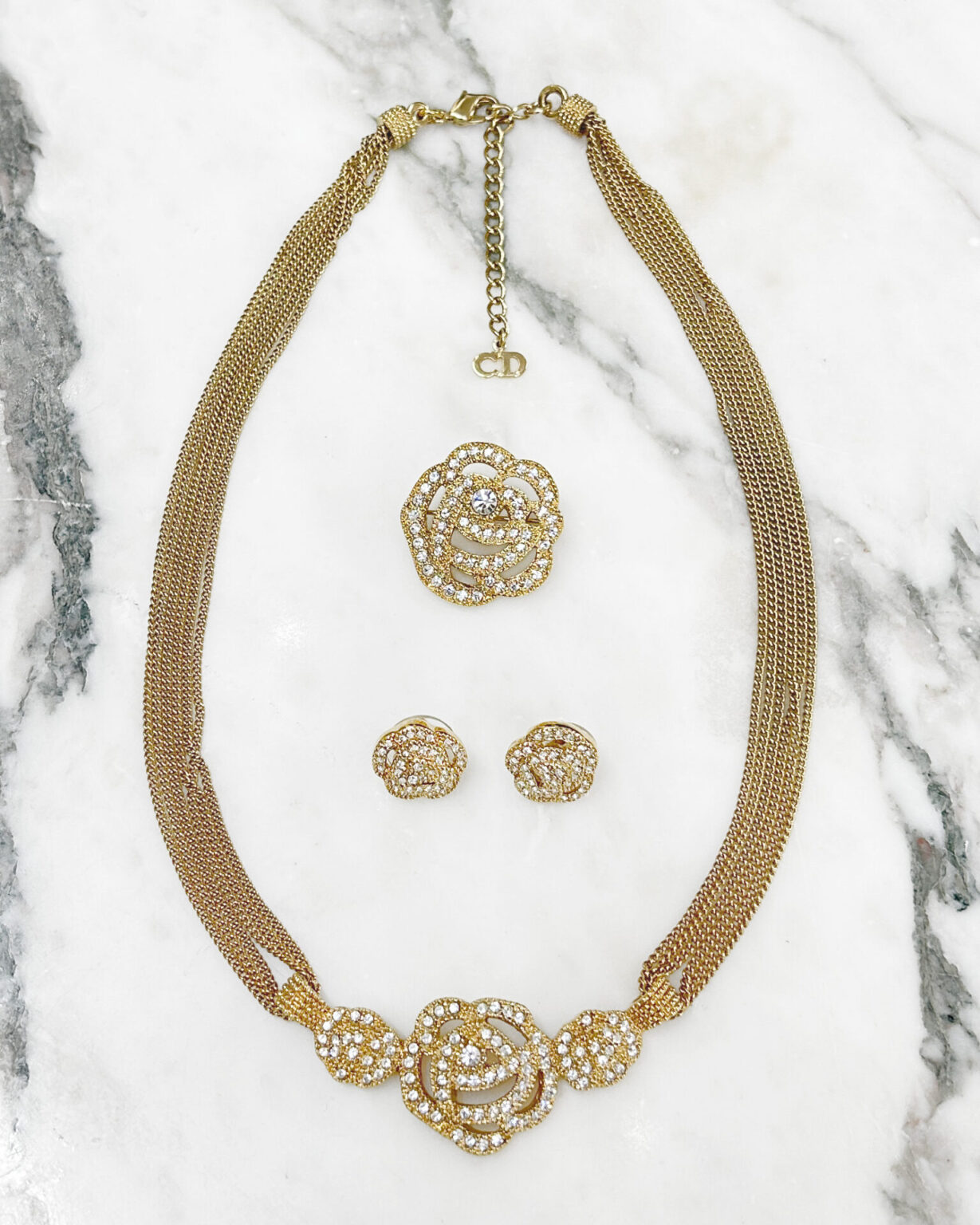 Dior gold tone & crystal flowers & chains necklace - The Cat's Meow